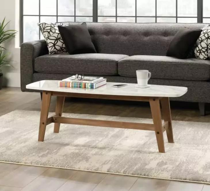 Faux Marble Coffee Table yokhala ndi miyendo yamtengo wa Oak Yomaliza