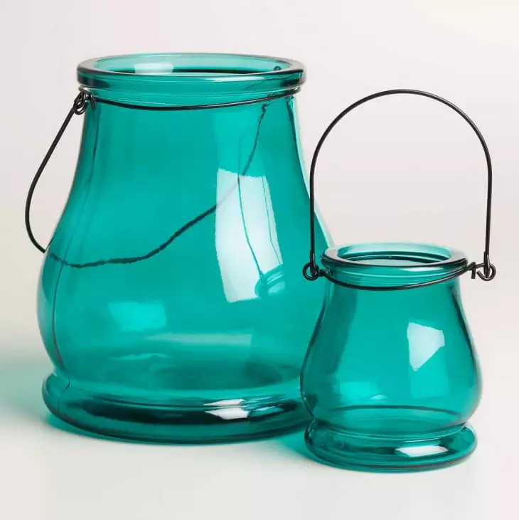 Sary vokatra: Teal Glass Teardrop Lantern Candleholder