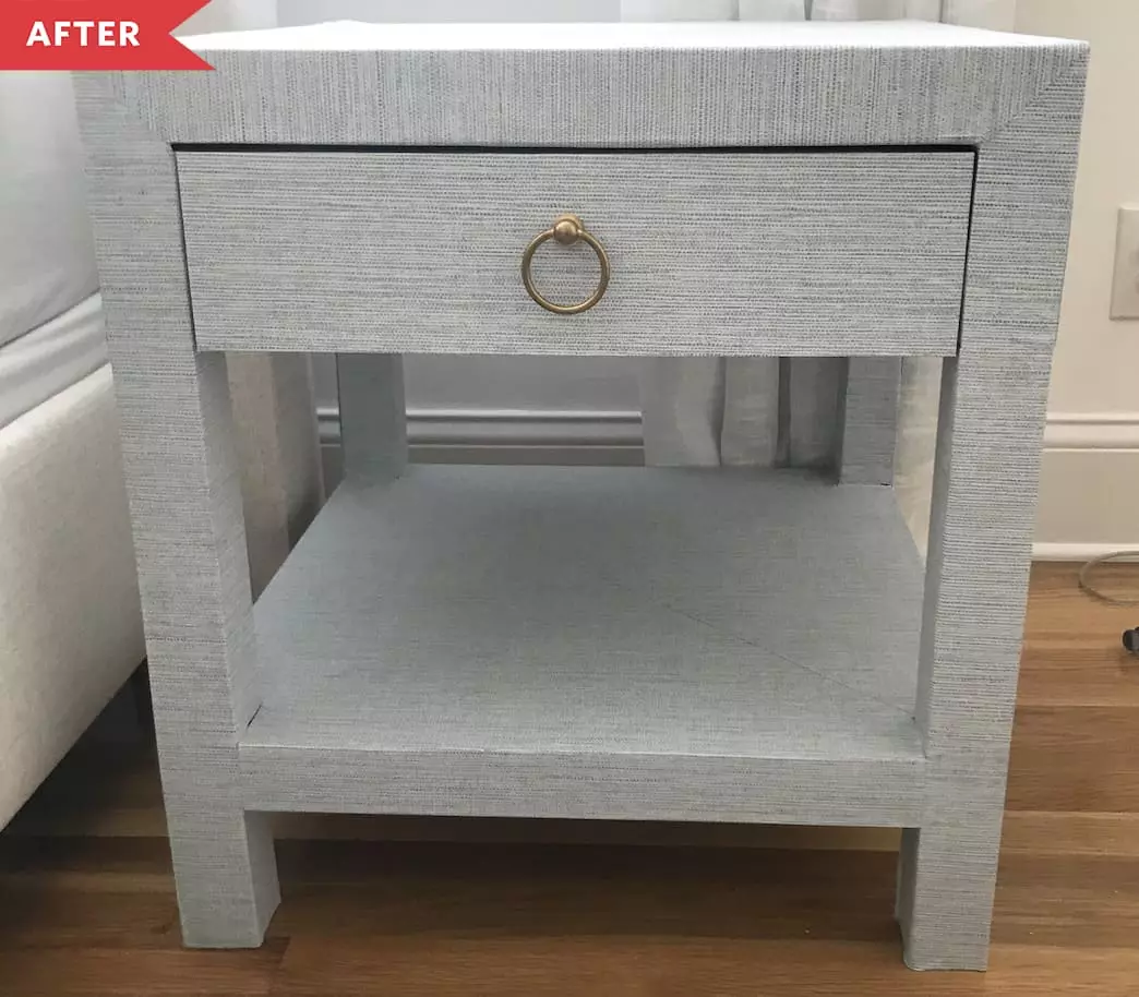 Tom qab: IKEA LACK lub rooj tig nightstand nrog linen-zoo li npog thiab tub rau khoom