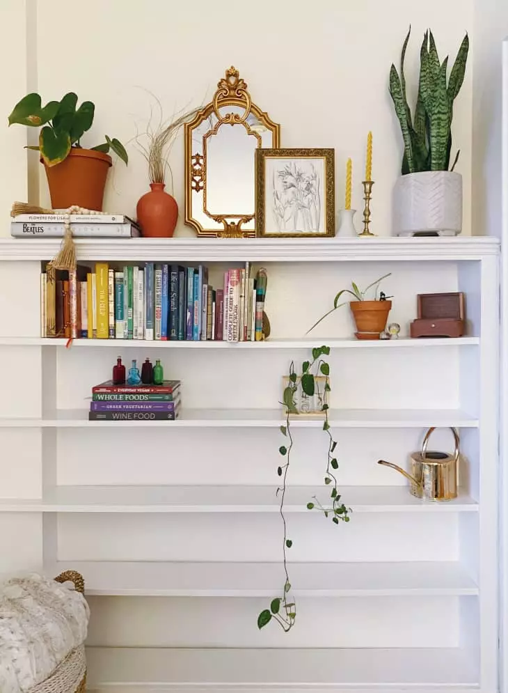 White-itumọ ti ni bookshelf pẹlu eweko ati awọn iwe ohun