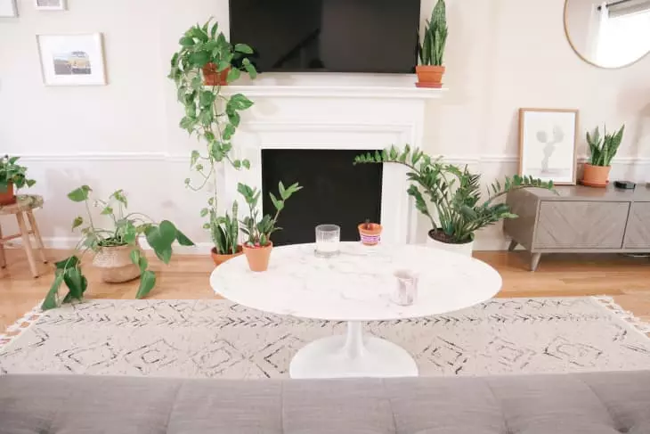 Круглый мраморный журнальный столик перед камином в гостиной с растениями