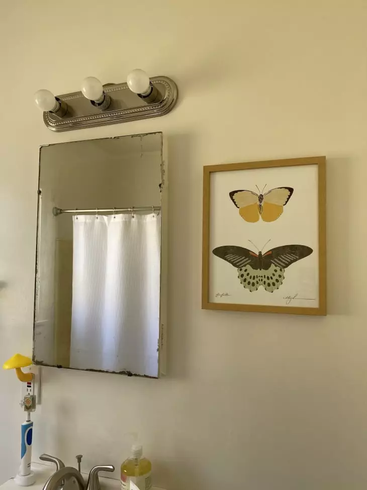 バスルームの鏡の横にある蝶のアートワーク