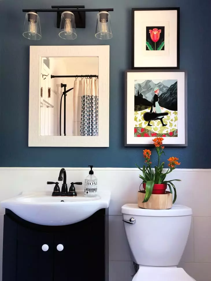 Vonios kambarys su įrėmintu meno kūriniu, kabančiu virš tualeto
