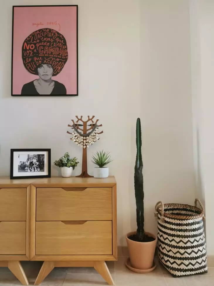 Credenza de estilo de mediados de siglo con un cactus y una canasta al lado y una obra de arte que cuelga arriba