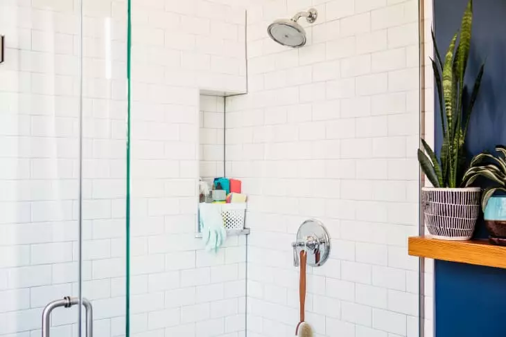 Lindo baño con puerta de ducha de vidrio limpio, con artículos de limpieza en la ducha