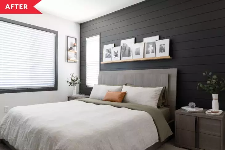 Après : Chambre à coucher avec mur à feuillure anthracite et rebord pour photo au-dessus du lit