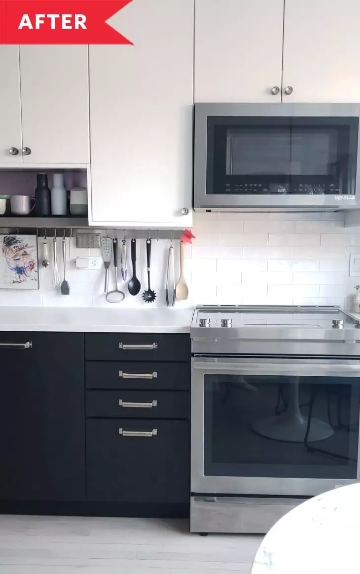 Depois: Cozinha organizada em preto e branco