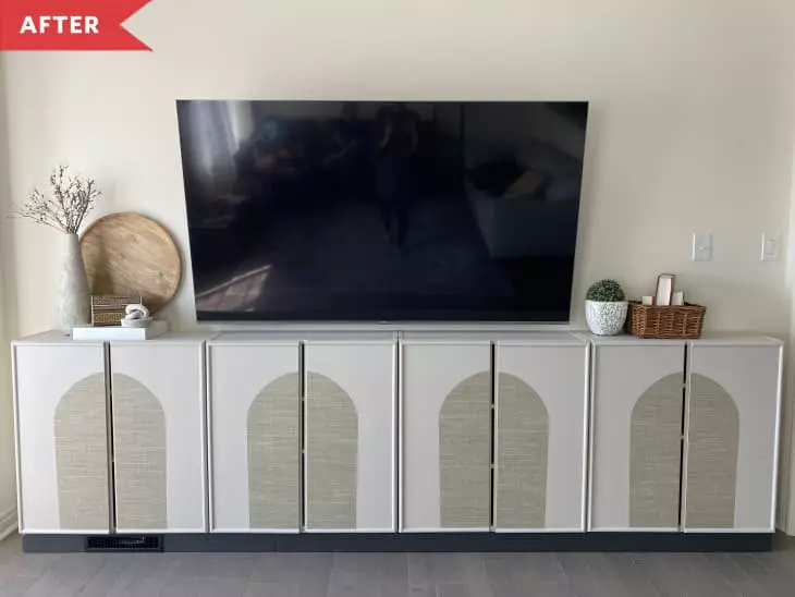 Lẹhin: mẹrin IKEA Ivars ti a ti sopọ lati ṣẹda media console pẹlu ifojuri-nwa arches